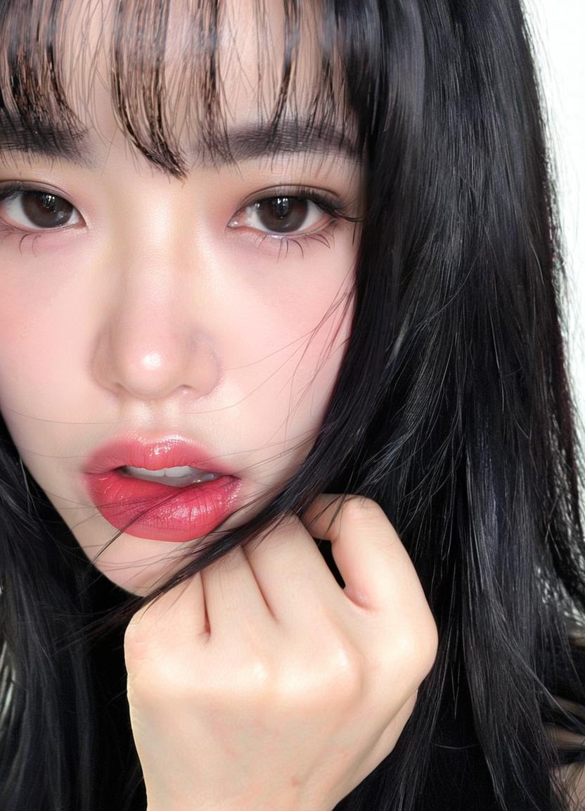 A close up of a woman with long black hair and a red lipstick - SeaArt AI
