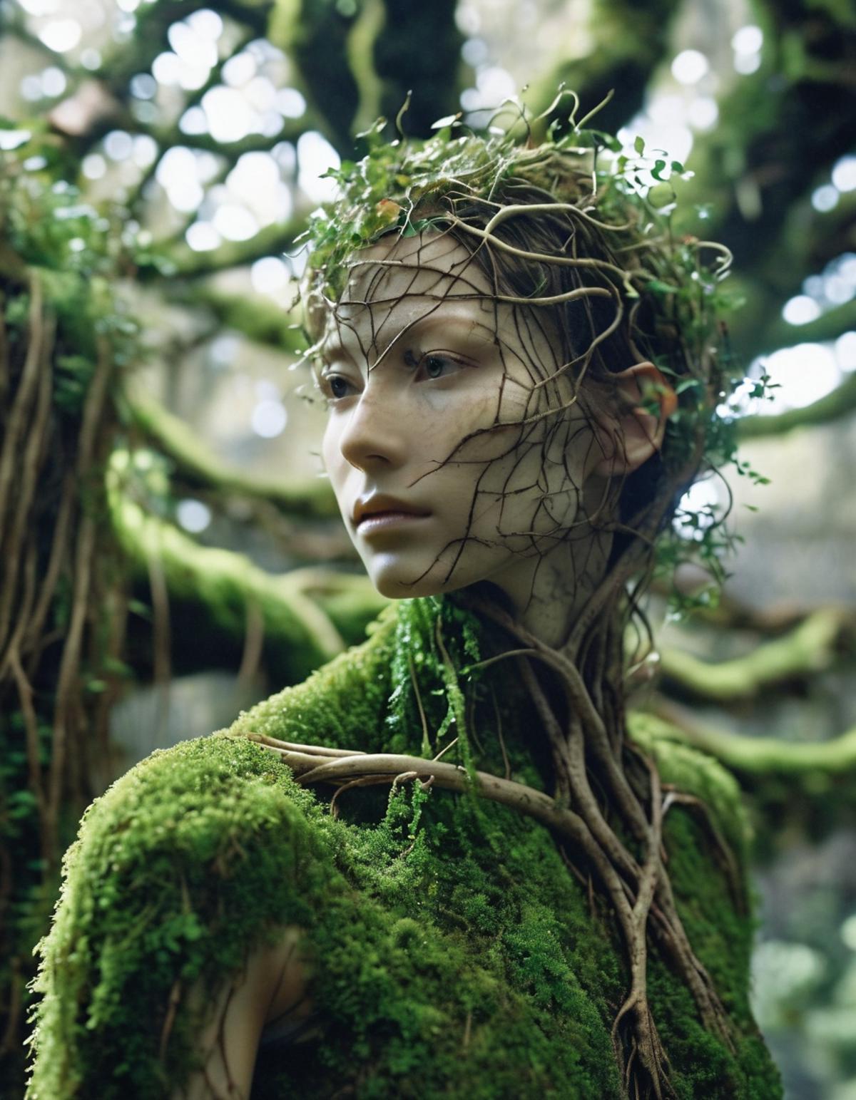 A woman with a wreath of moss on her head and a tree branch - SeaArt AI