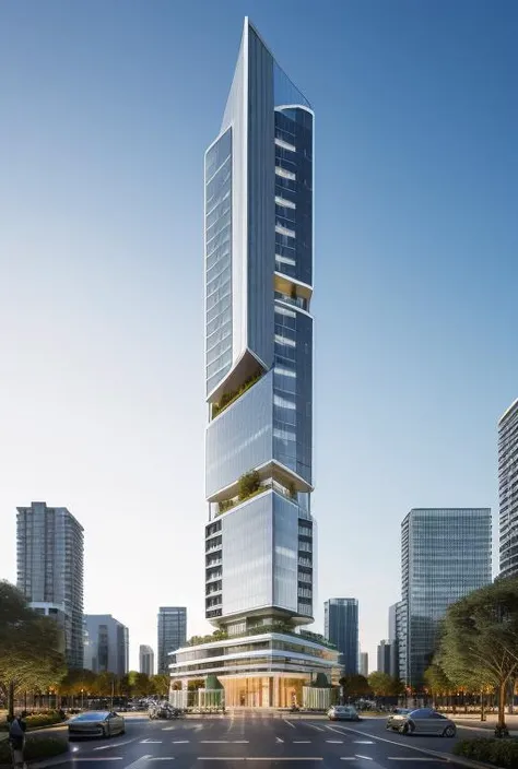 A tall building with a glass facade on the top of it - SeaArt AI