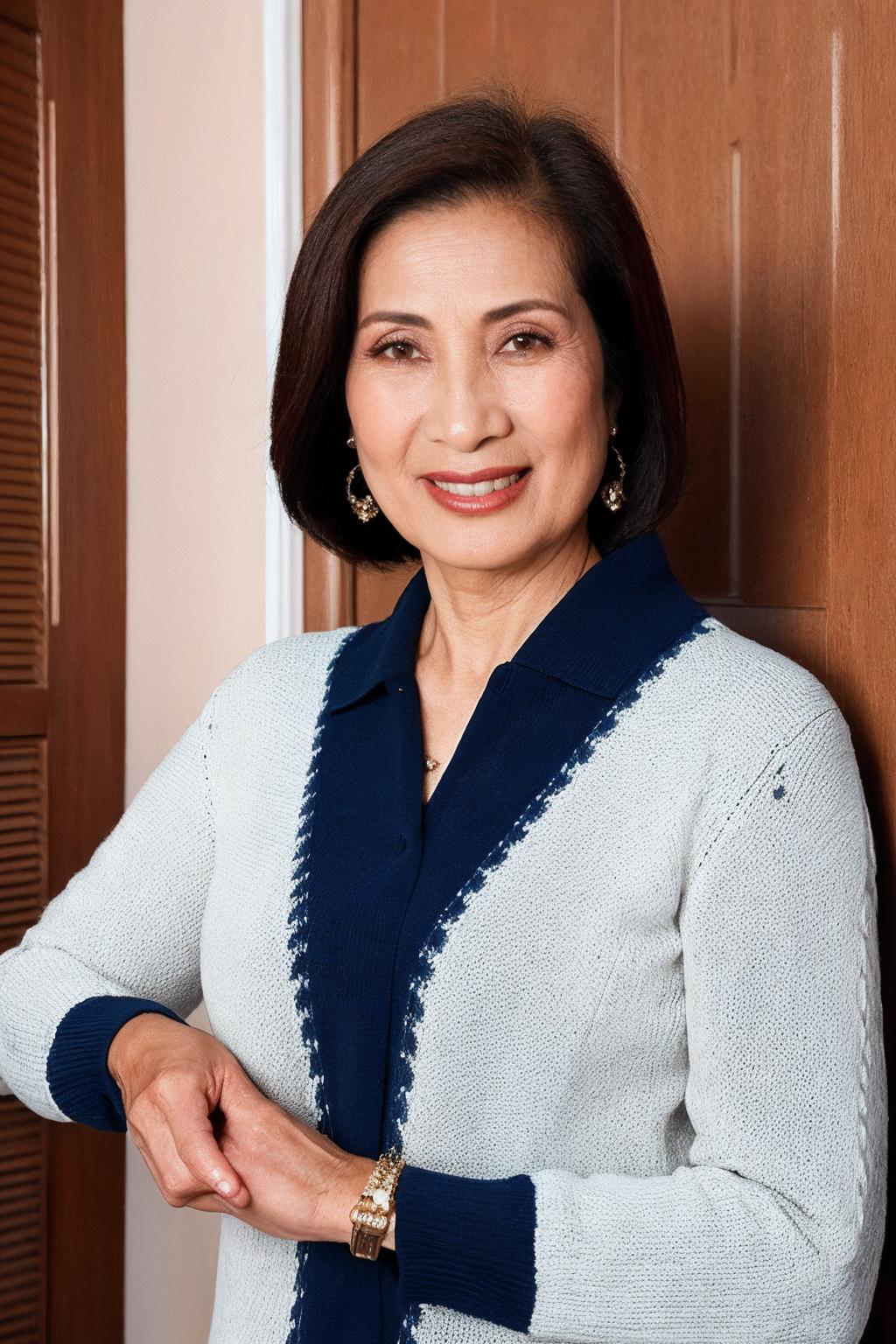 A woman in a blue and white sweater standing next to a door - SeaArt AI