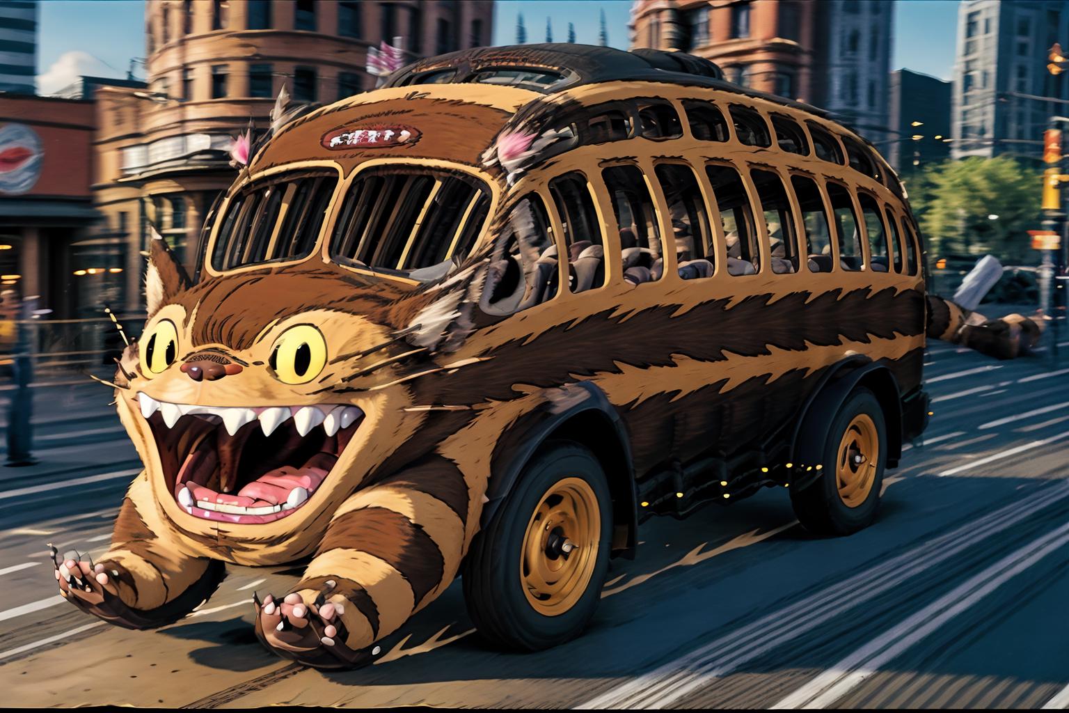 Arafly painted bus with a cat on the front driving down a street ...