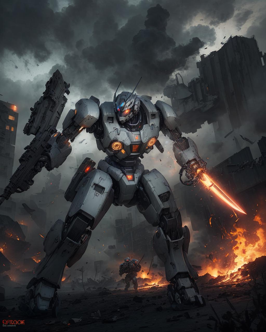 A robot with a gun in its hand standing in front of a city - SeaArt AI