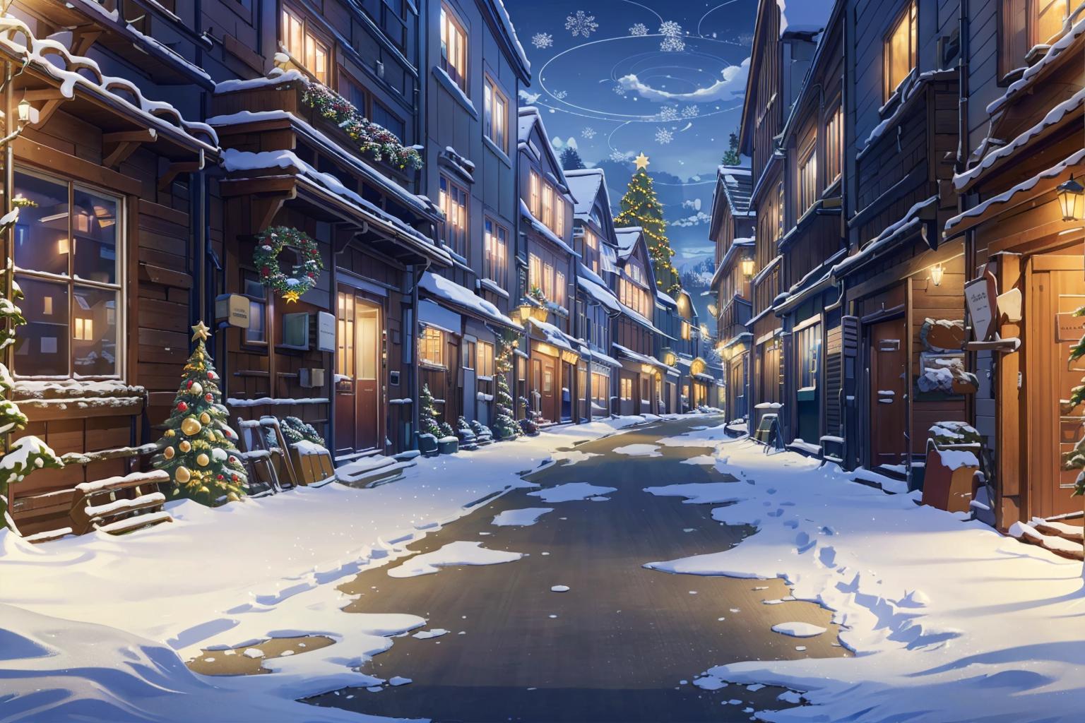 Snowy alley with christmas trees and lights in the windows - SeaArt AI