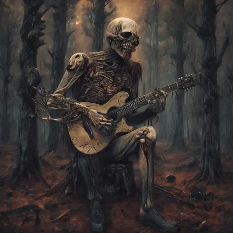 A painting of a skeleton playing a guitar in a forest - SeaArt AI