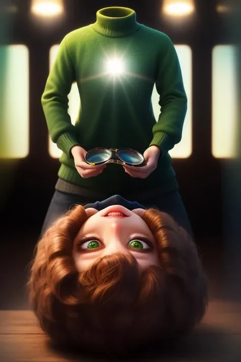 A woman with a green sweater and glasses on her head - SeaArt AI