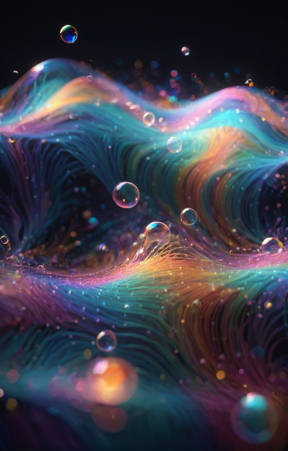 A close up of a colorful wave with bubbles floating on it - SeaArt AI