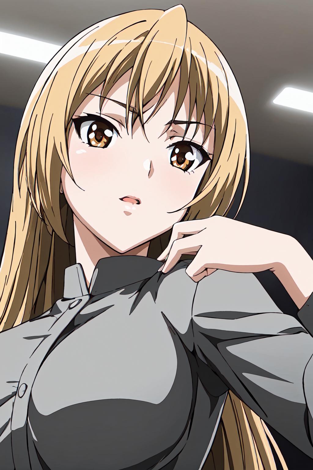 A woman with long blonde hair and a gray shirt - SeaArt AI