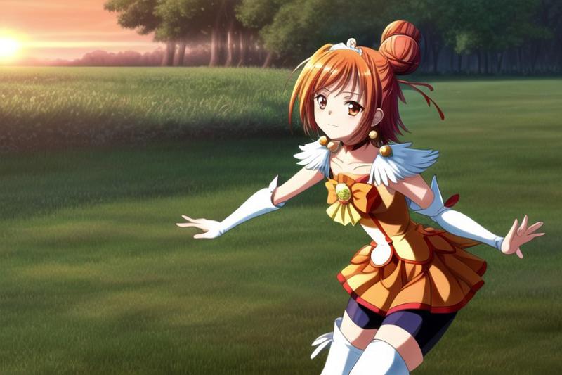 Anime girl in a yellow dress running across a field - SeaArt AI