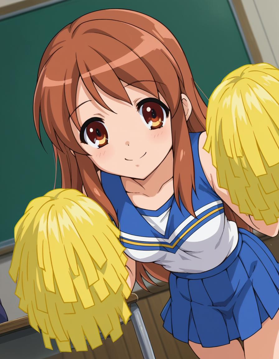 Anime girl in uniform holding two pom poms in front of a blackboard ...