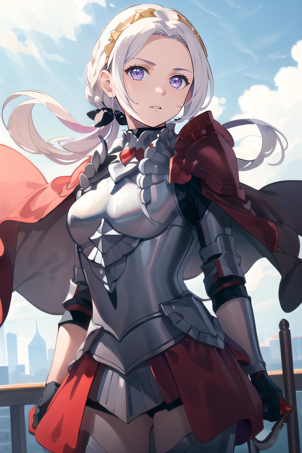 A woman in armor with a cape and sword standing on a bridge - SeaArt AI