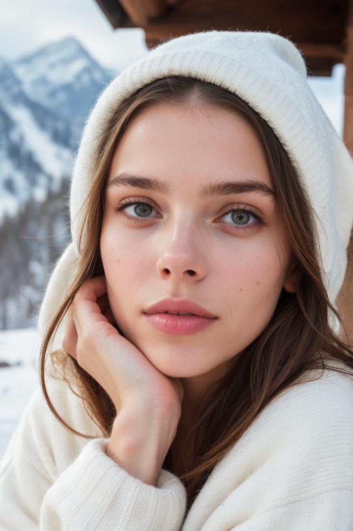 A woman wearing a white hat and sweater posing for a picture - SeaArt AI