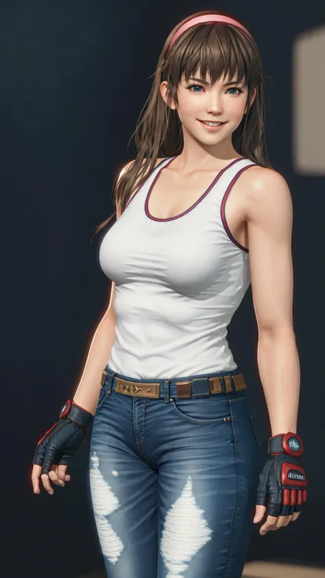A close up of a person wearing a white tank top and jeans - SeaArt AI