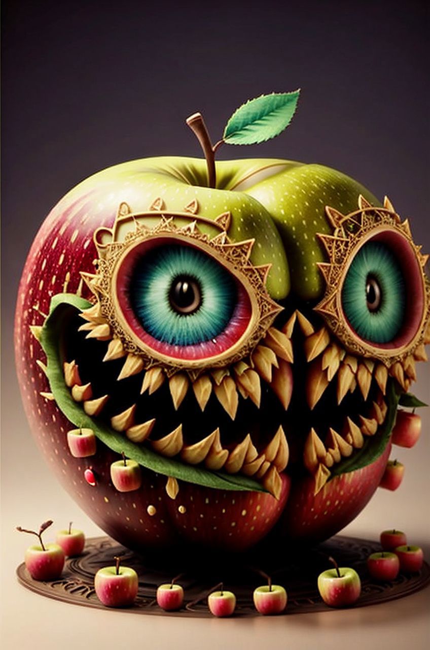 There is a very strange apple with a big eye and a big mouth - SeaArt AI
