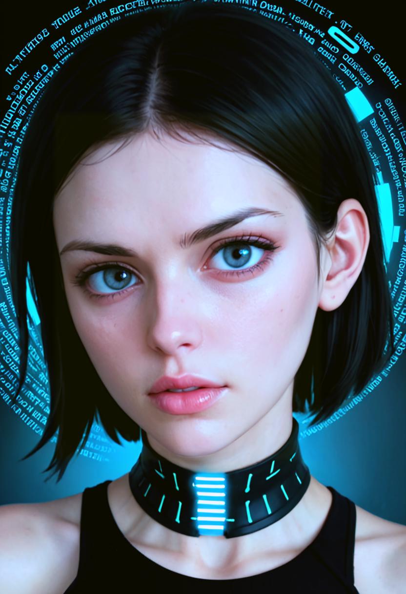 A woman with a futuristic headpiece and a choke around her neck - SeaArt AI