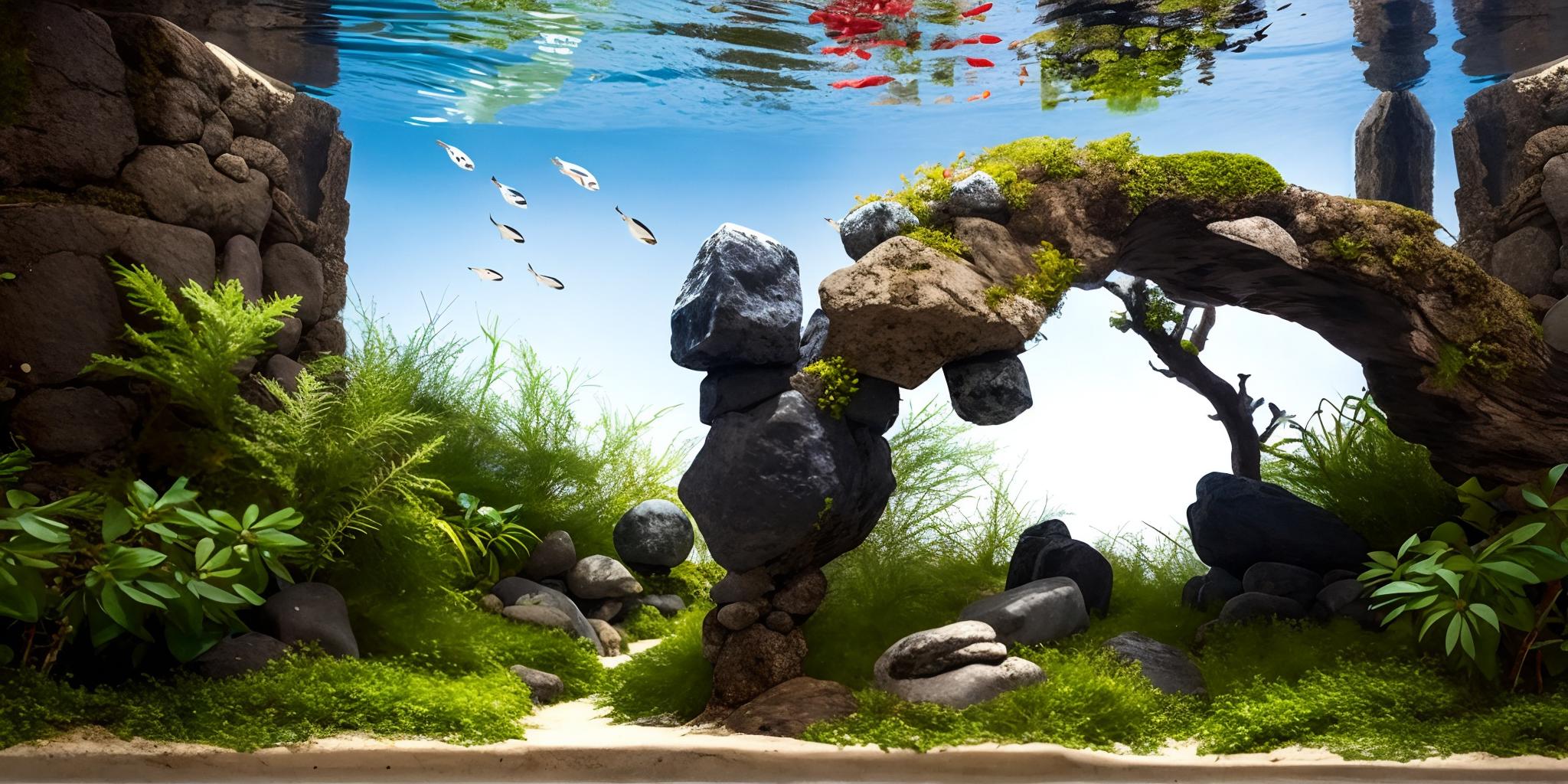 There is a fish tank with a waterfall and rocks in it - SeaArt AI