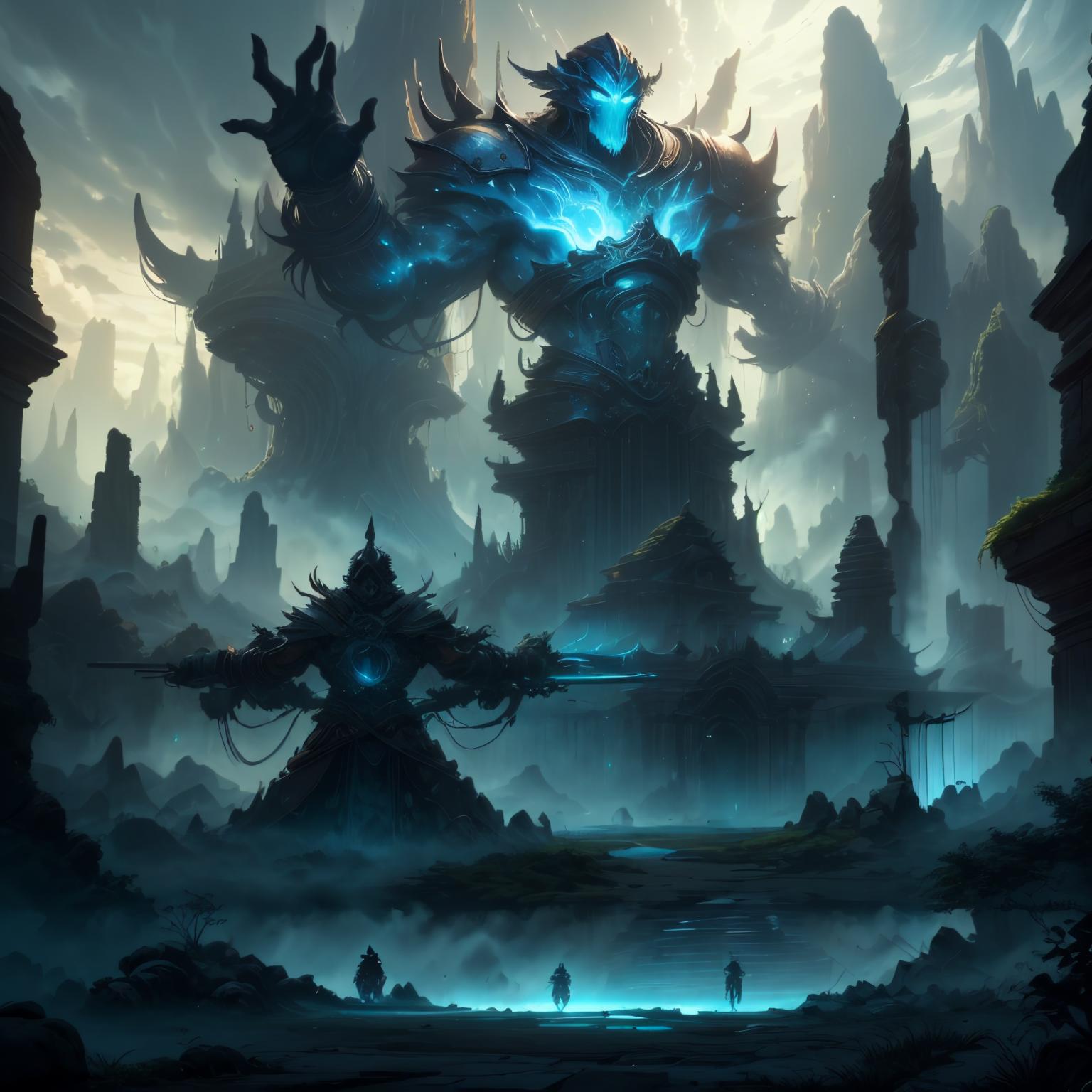 A man standing in front of a giant blue creature in a dark forest ...