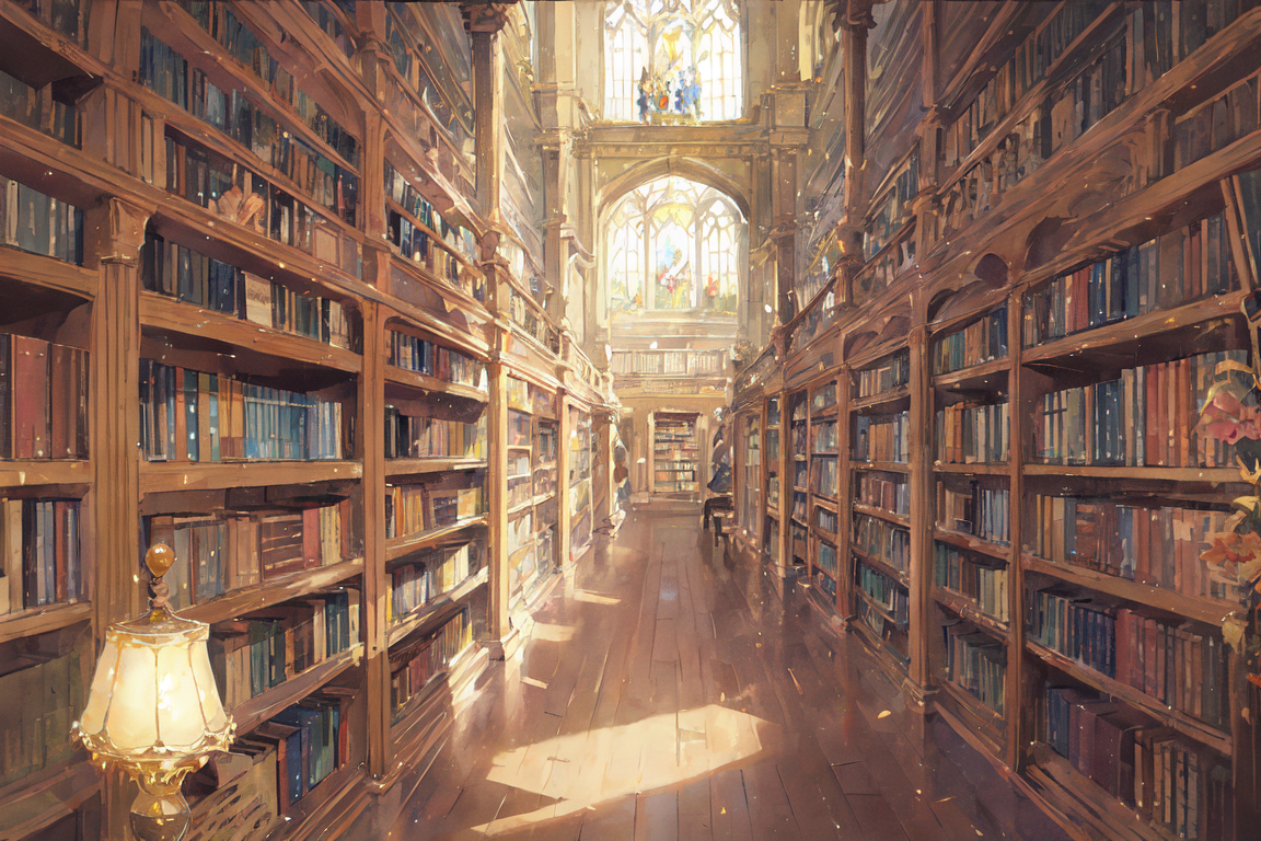 There is a painting of a library with a lamp and bookshelves - SeaArt AI