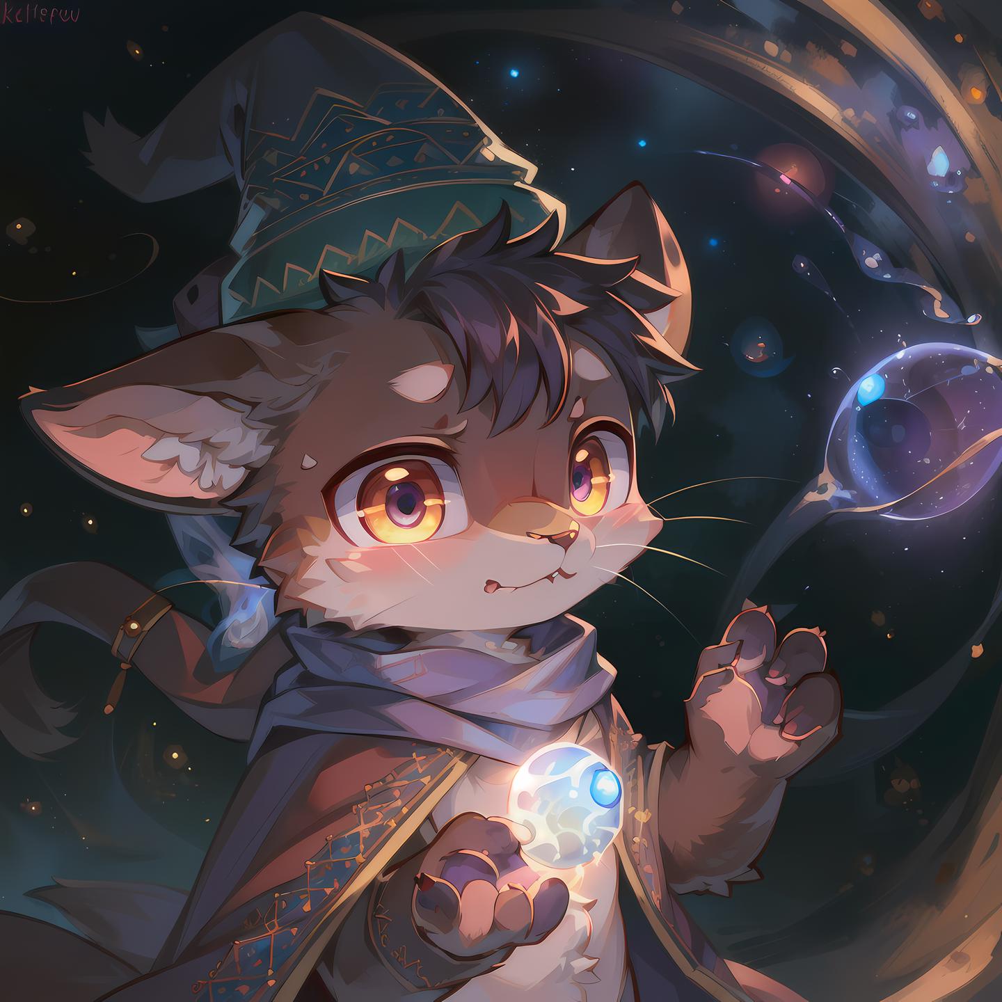 Anime cat with a hat and scarf holding a crystal ball - SeaArt AI