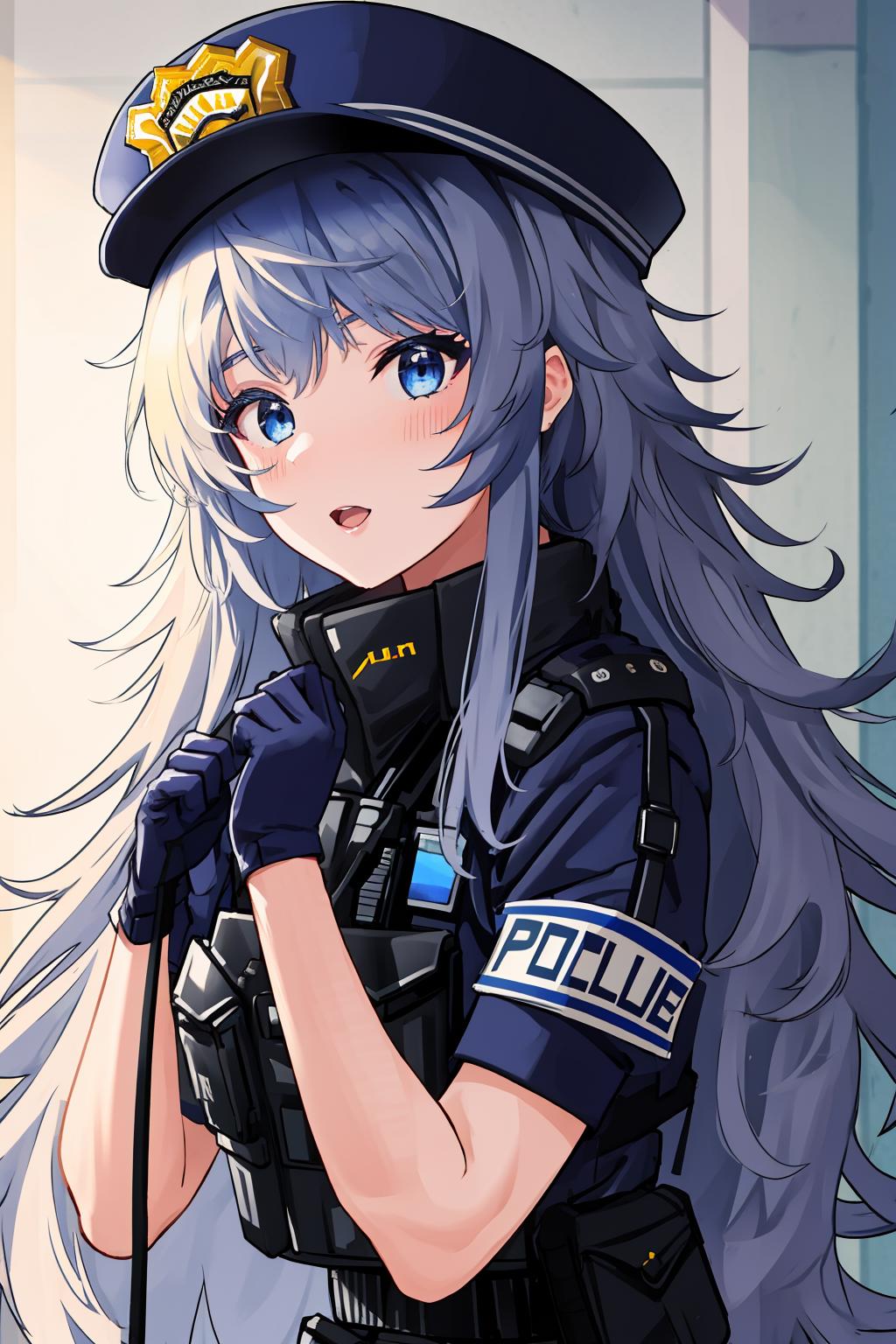 Anime girl in police uniform holding a camera and looking at the camera ...