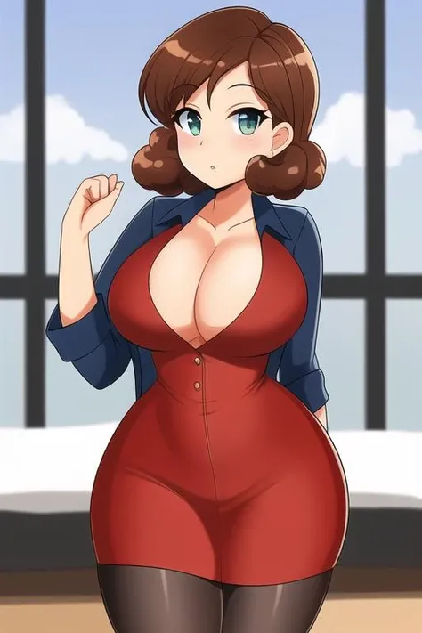 A cartoon image of a woman in a red dress and black stockings - SeaArt AI