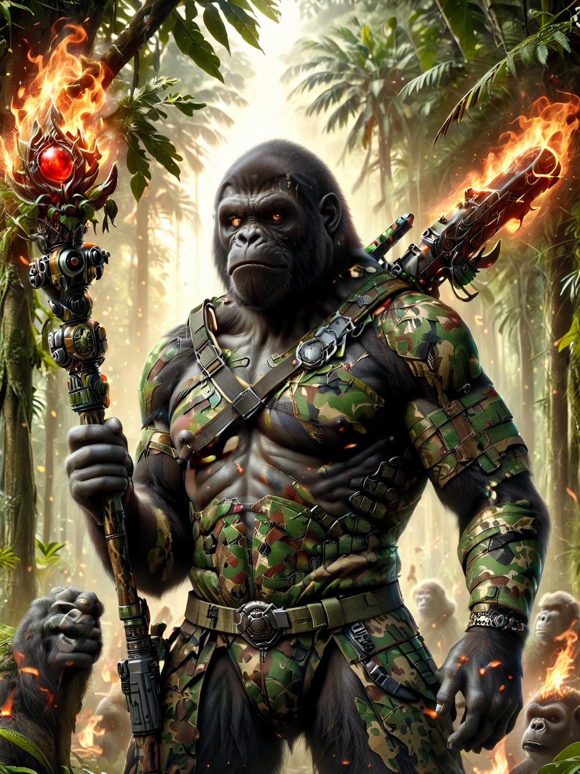 A close up of a gorilla holding a fire stick in a jungle - SeaArt AI