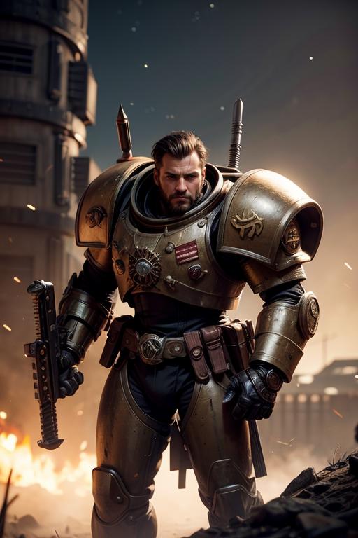 A man in a space suit holding a gun and standing in front of a building ...