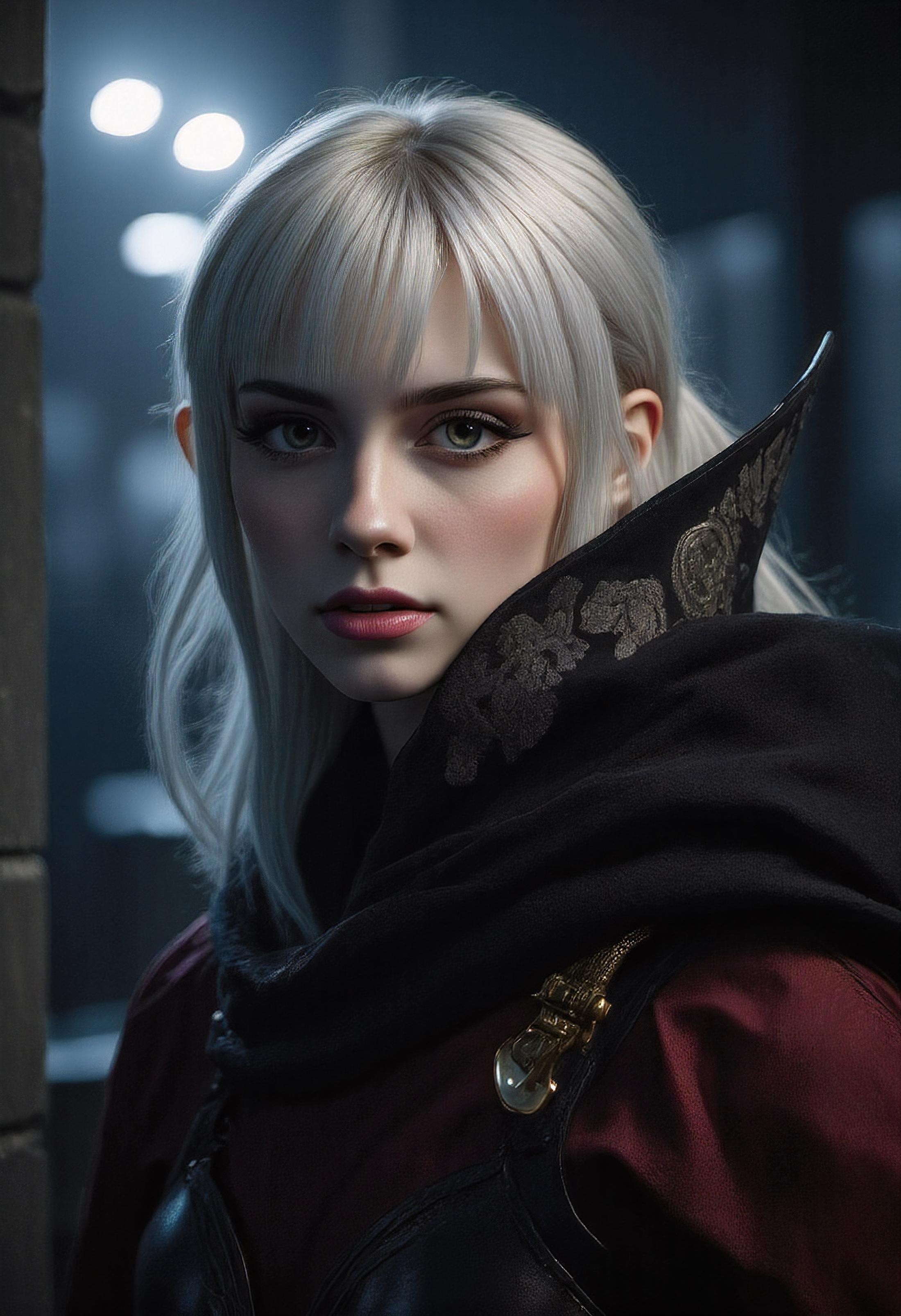 A woman with blonde hair and a black cape is standing in a dark room - SeaArt AI