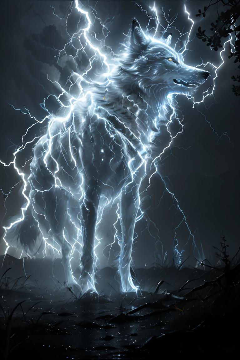 A wolf is standing in the dark with lightning coming from its mouth ...
