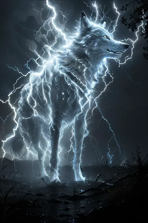 A wolf is standing in the dark with lightning coming from its mouth ...