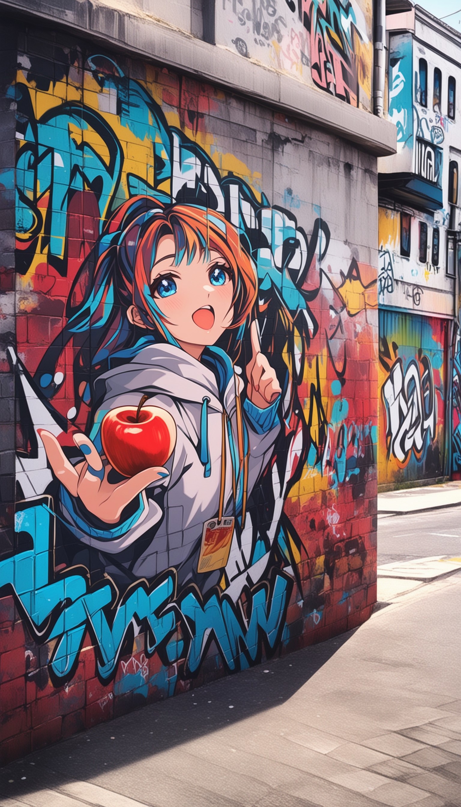Graffiti on a wall of a building with a girl holding an apple - SeaArt AI