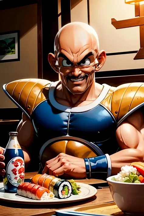 Anime character sitting at a table with a plate of sushi - SeaArt AI