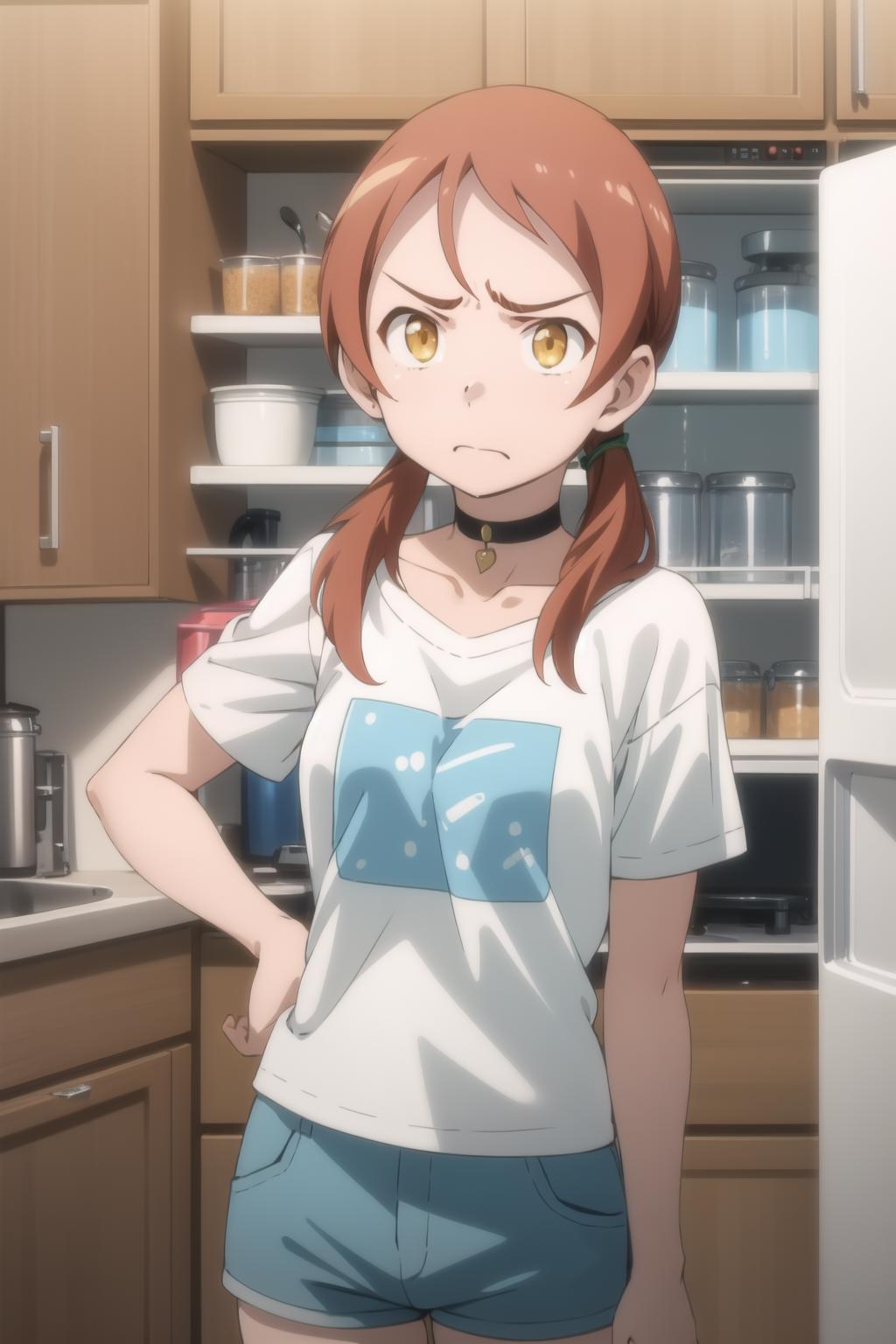 Anime girl in a kitchen with a refrigerator and a counter - SeaArt AI