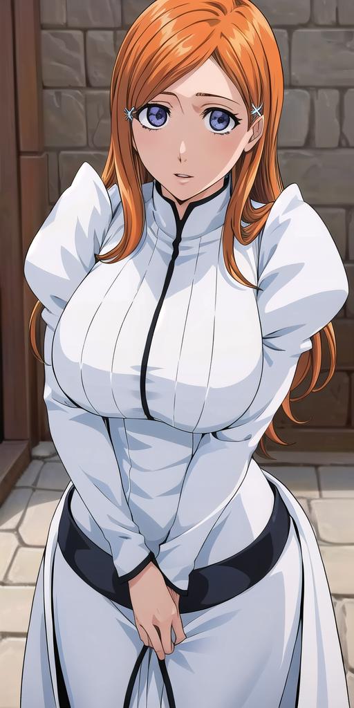 A woman in a white shirt and black pants standing in front of a brick wall - SeaArt AI