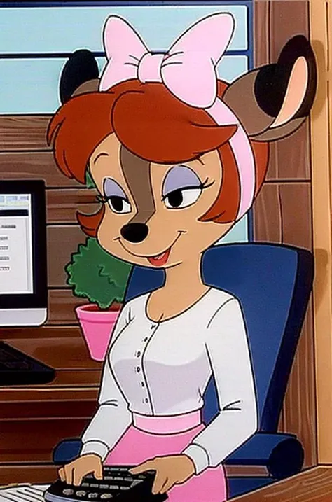 Cartoon of a woman sitting at a desk with a computer - SeaArt AI