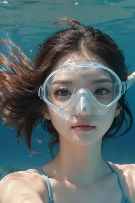 A woman in a blue bikini and goggles is swimming - SeaArt AI