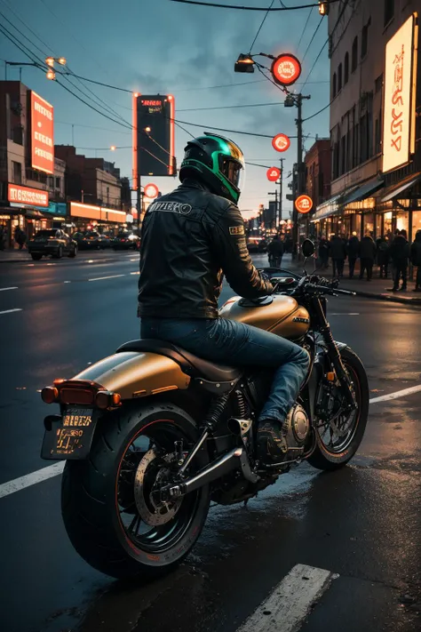 Araffe riding a motorcycle on a city street at night - SeaArt AI