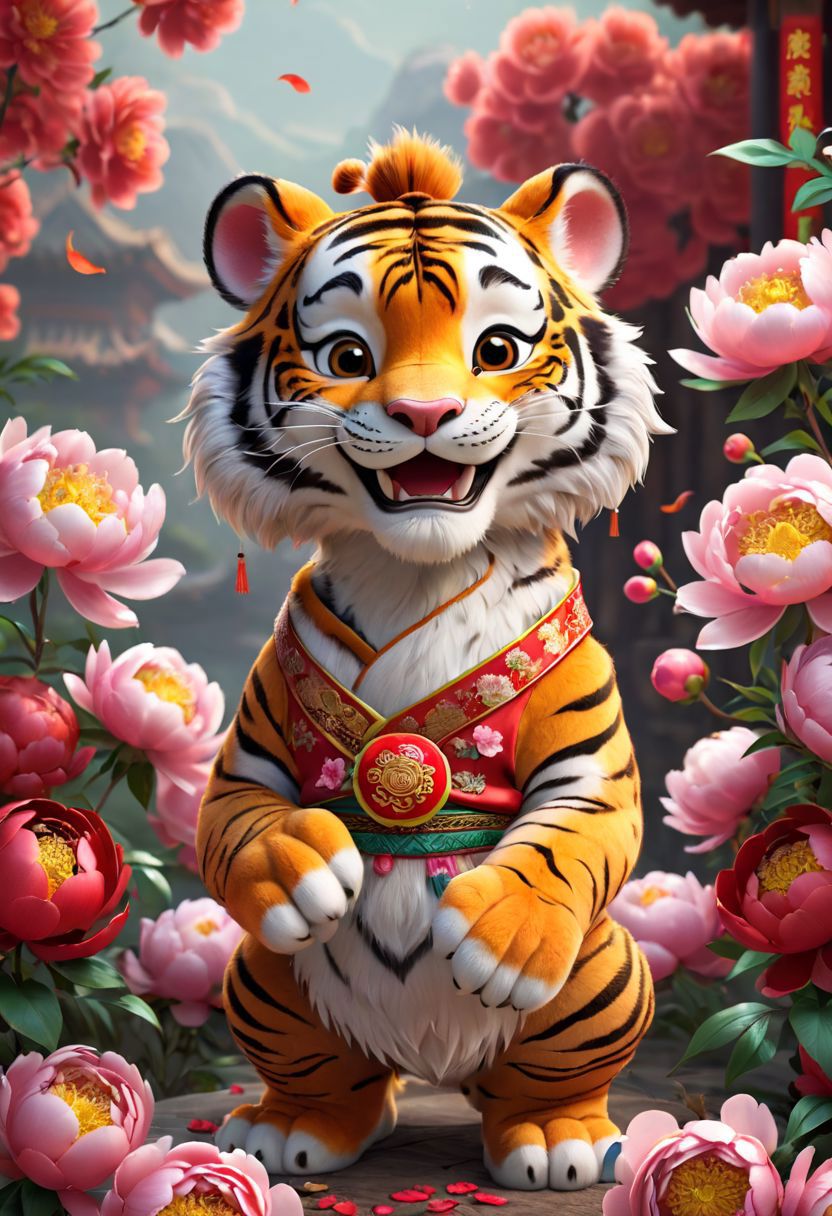 A close up of a tiger in a costume standing in a garden - SeaArt AI