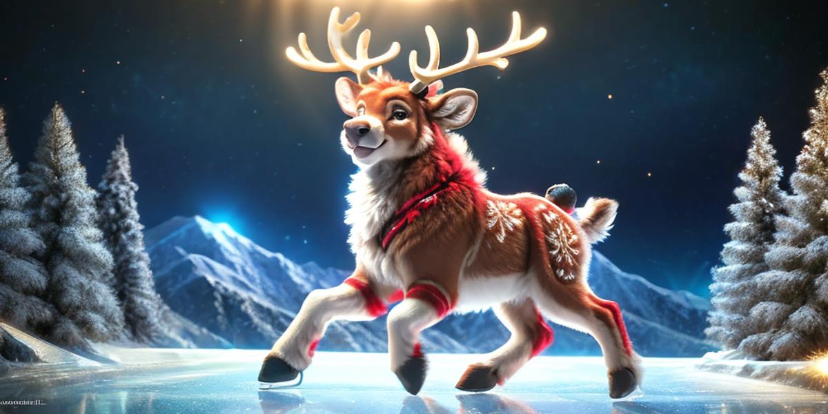 Rudolph the reindeer is skating on a frozen pond in the woods - SeaArt AI