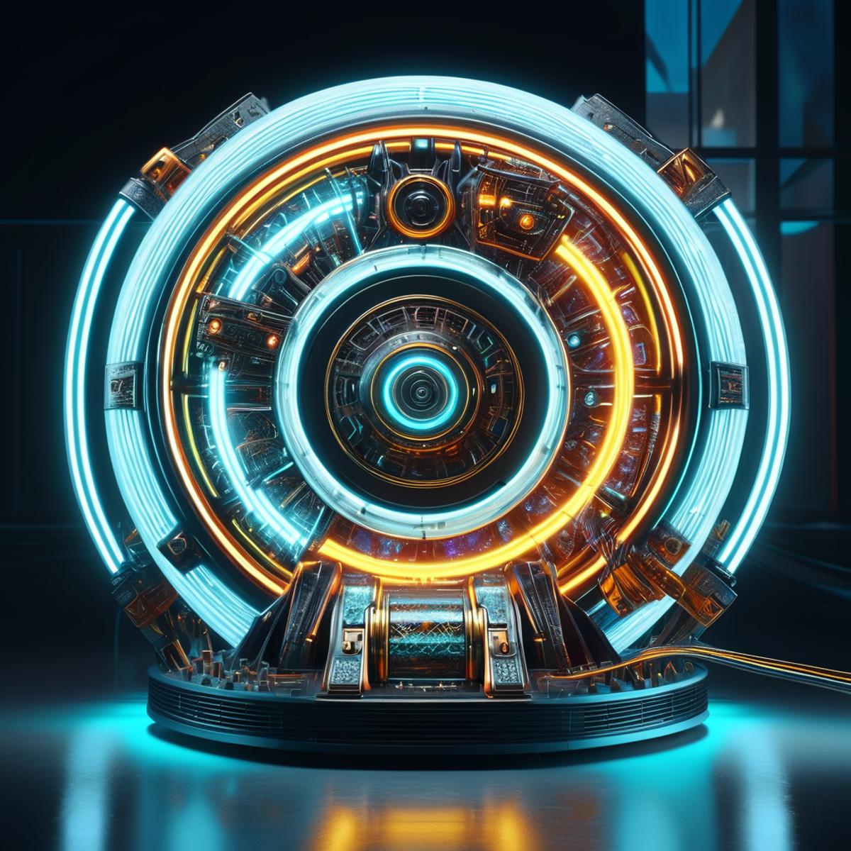 A close up of a glowing circular object on a table - SeaArt AI