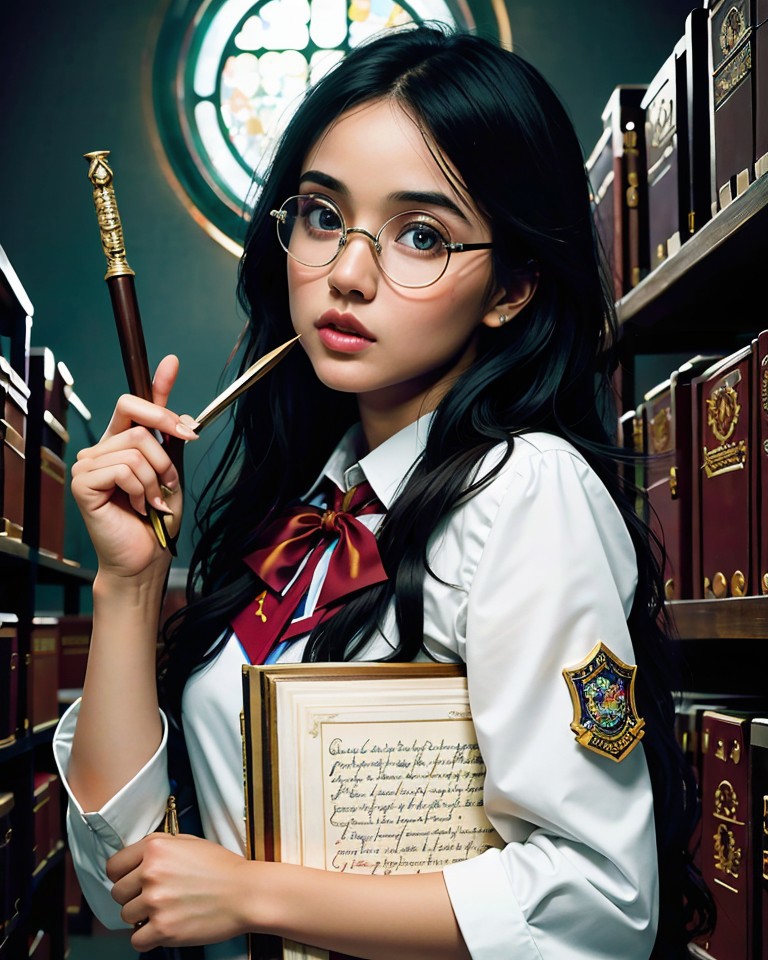 Arafed woman in a library holding a book and a pipe - SeaArt AI