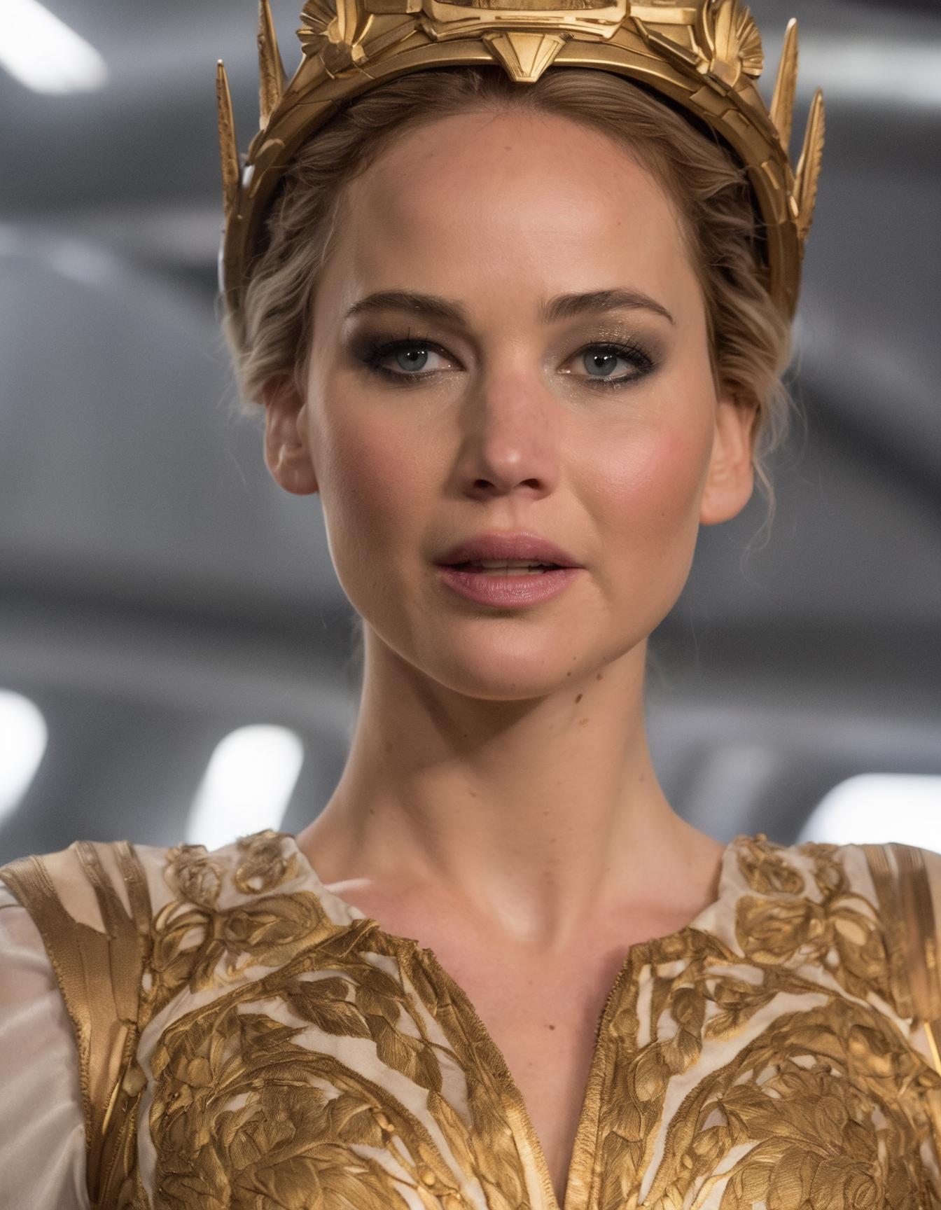 A woman wearing a gold crown and dress with a large gold crown on her head - SeaArt AI