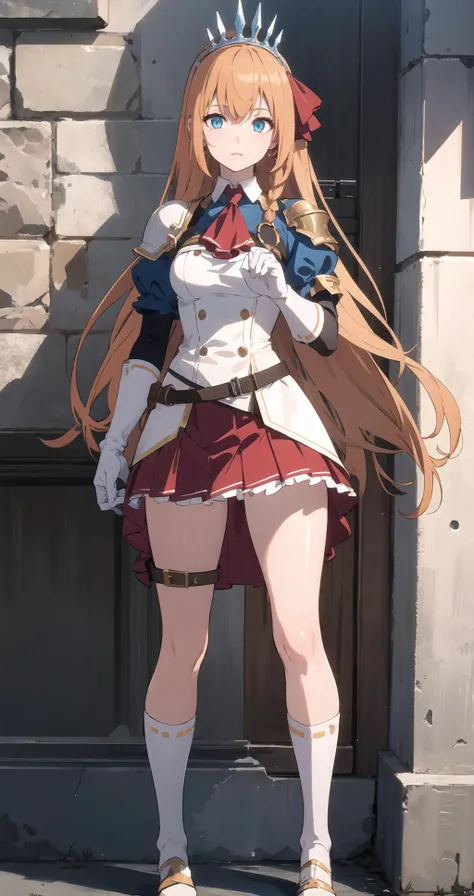 A woman in a short skirt and a crown standing in front of a building ...