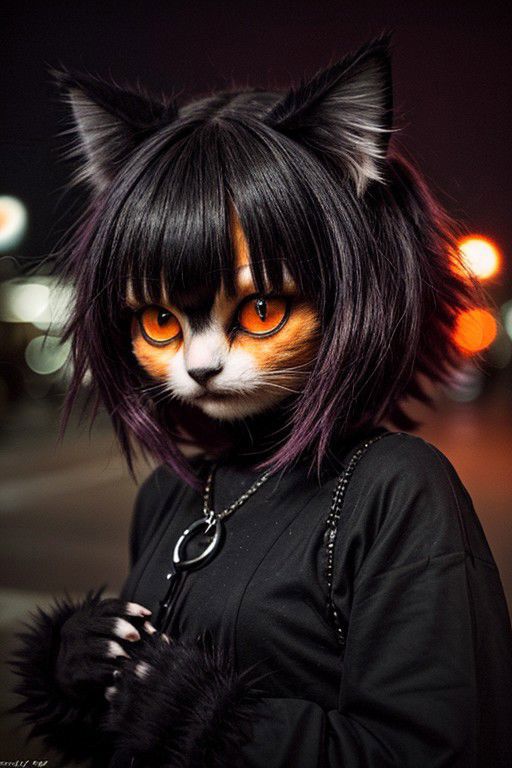 Closeup shot of cute furry orange goth cat, goth clothing, on the ...