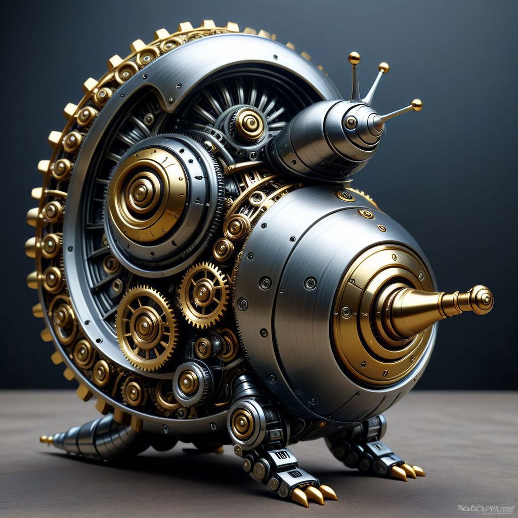 There is a metal sculpture of a snail with gears on it - SeaArt AI