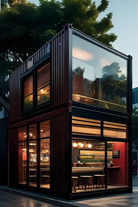 A close up of a building with a glass window and a table - SeaArt AI