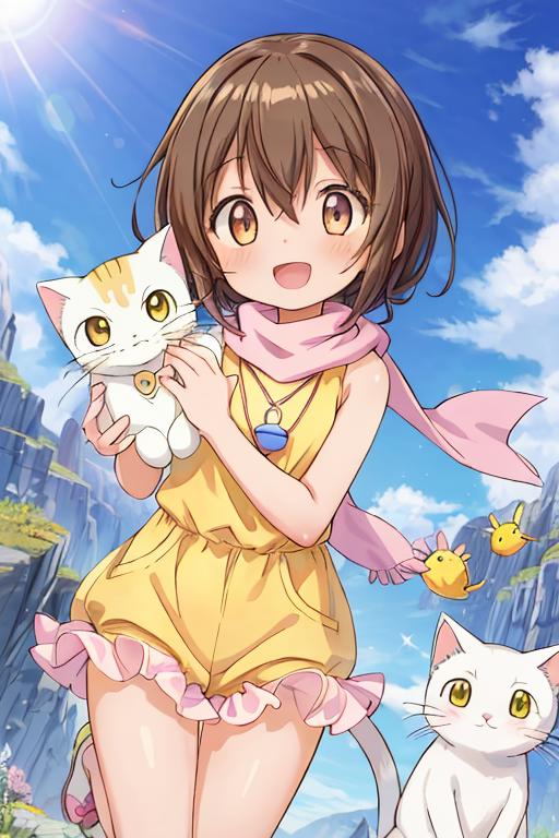 Anime girl with a cat and a bird in her hands - SeaArt AI