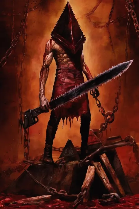 A painting of a man with a knife standing on a pile of chains - SeaArt AI