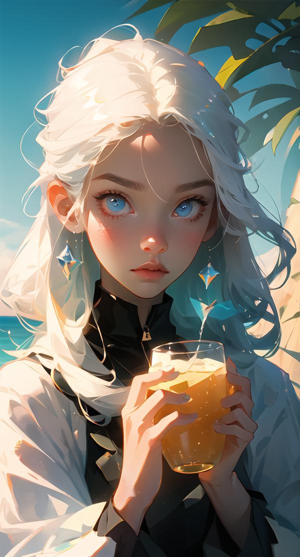 A woman with white hair holding a glass of orange juice - SeaArt AI