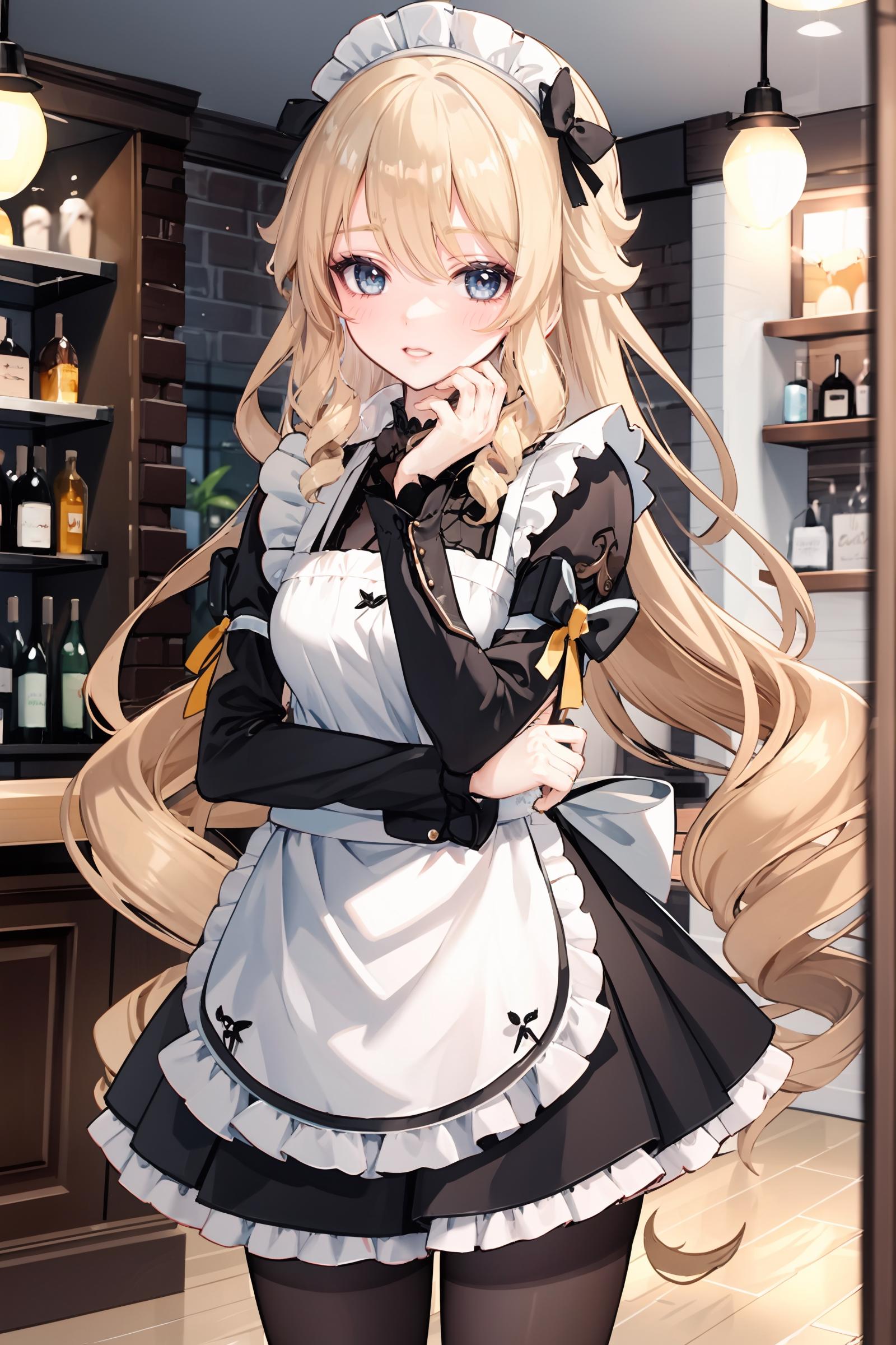 A close up of a woman in a maid outfit standing in a kitchen - SeaArt AI