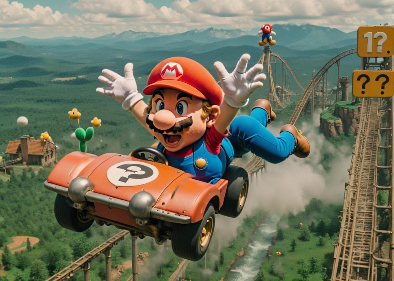 Nintendo's mario kart is flying over a roller coaster - SeaArt AI